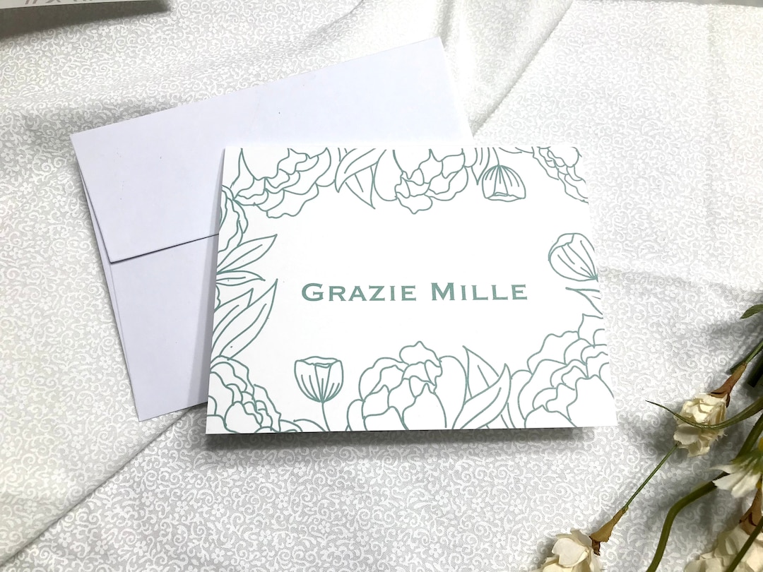 Floral Grazie Mille Thank You Card Set - Hand-drawn Sage Green - Etsy