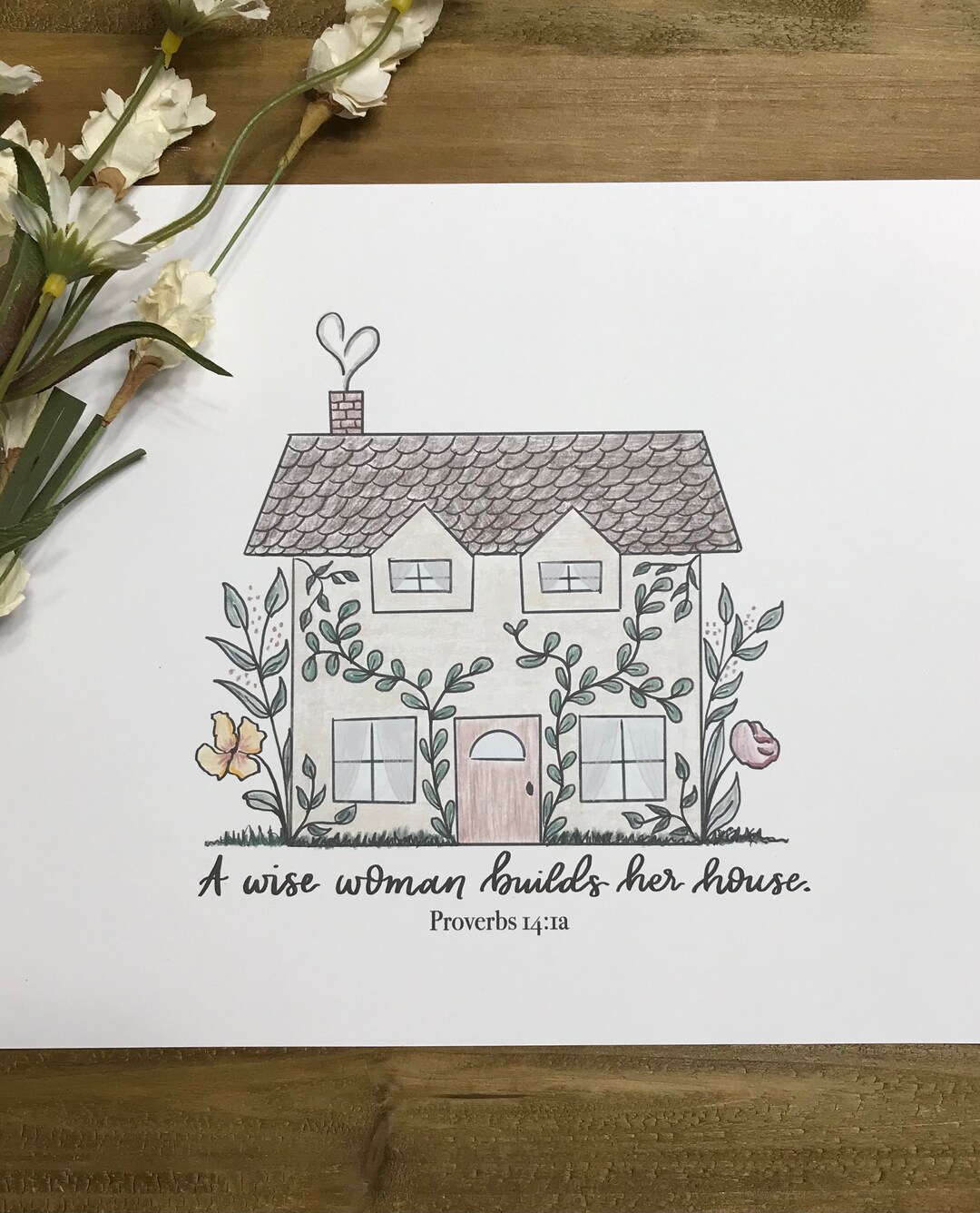 A Wise Woman Builds Print - Proverbs 14:1a Scripture Print - Hand Drawn ...