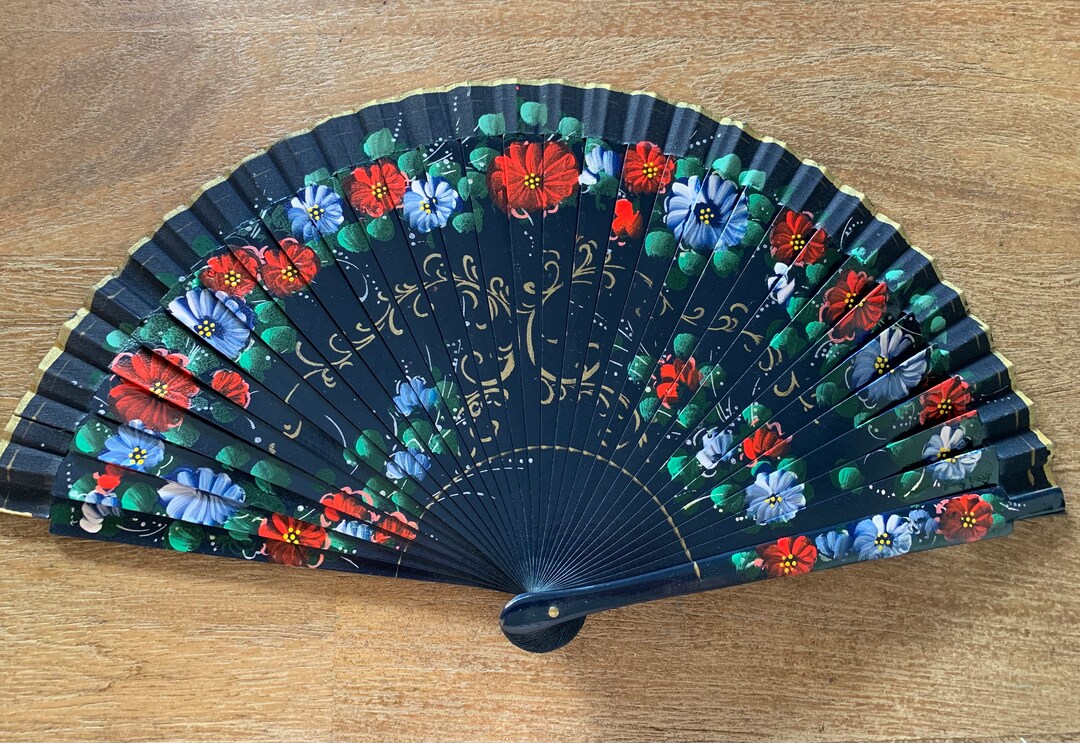 FLOWERED NAVY Spanish Hand Fan - Etsy
