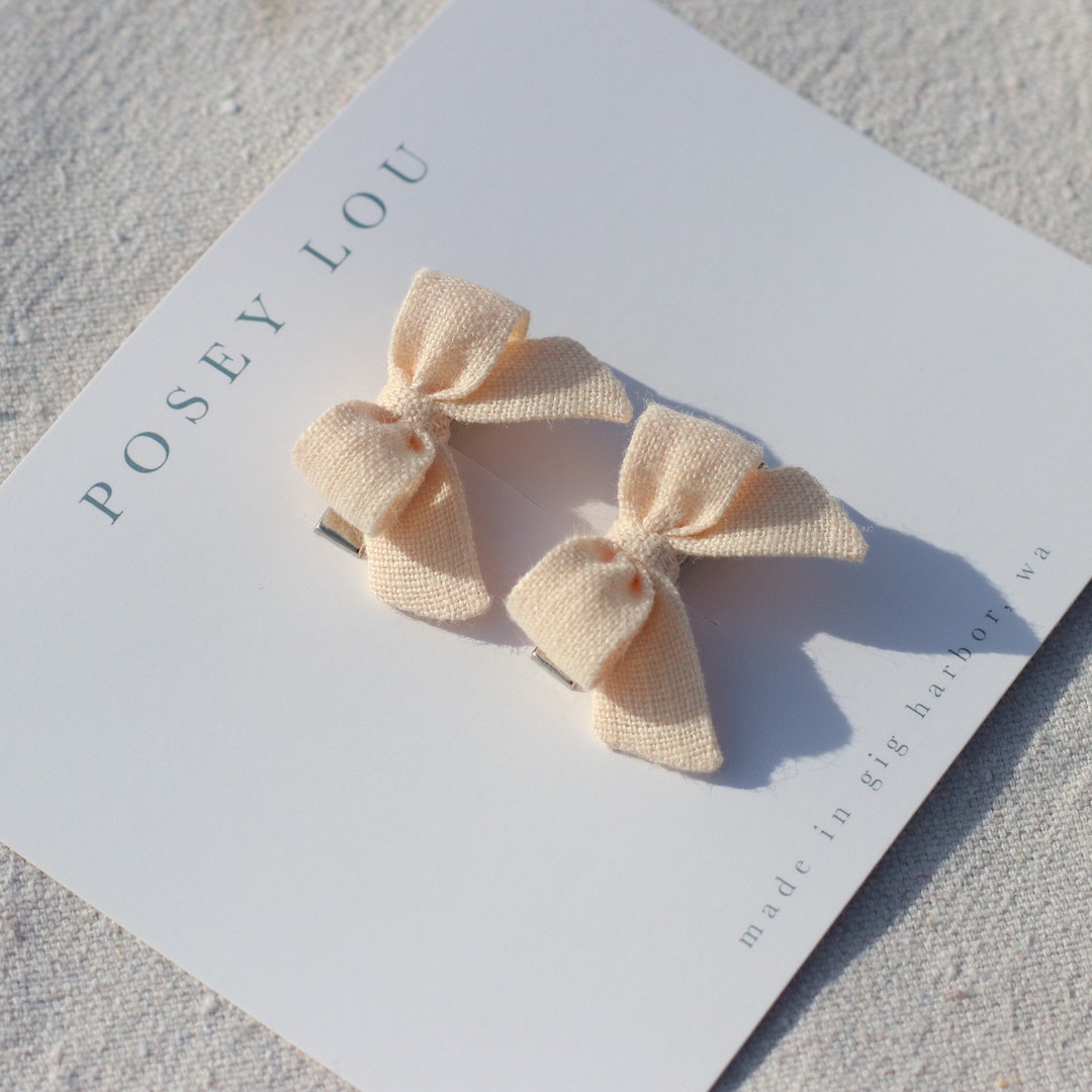 Mini Pigtail Bows | Peachy Pink Linen - Etsy