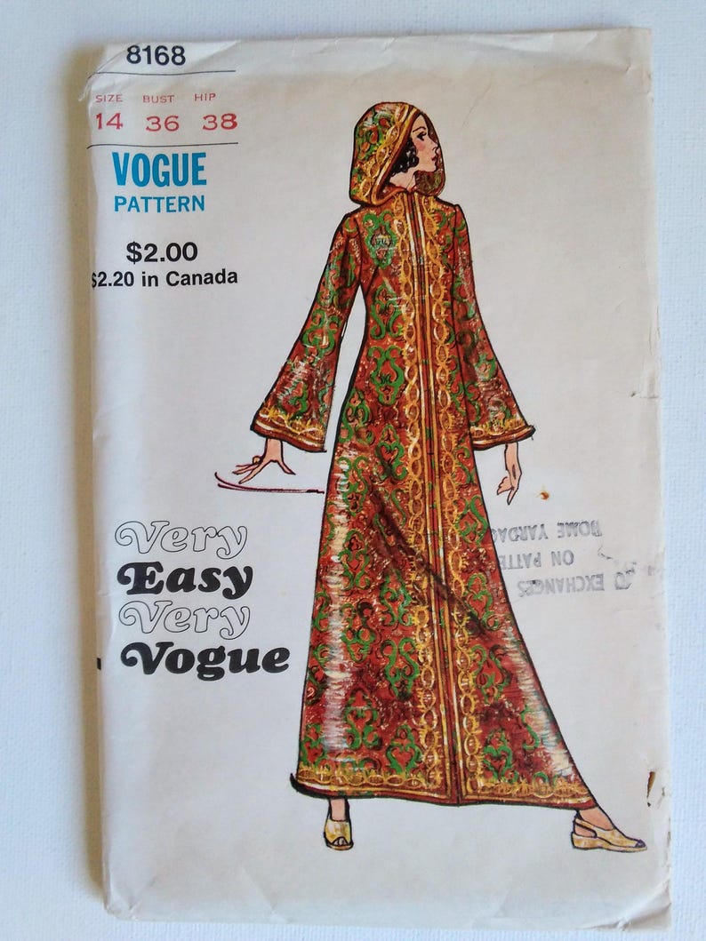 Vintage 1970s Vogue Cover-up or Caftan Pattern Vogue 8168 Size 14 bust ...