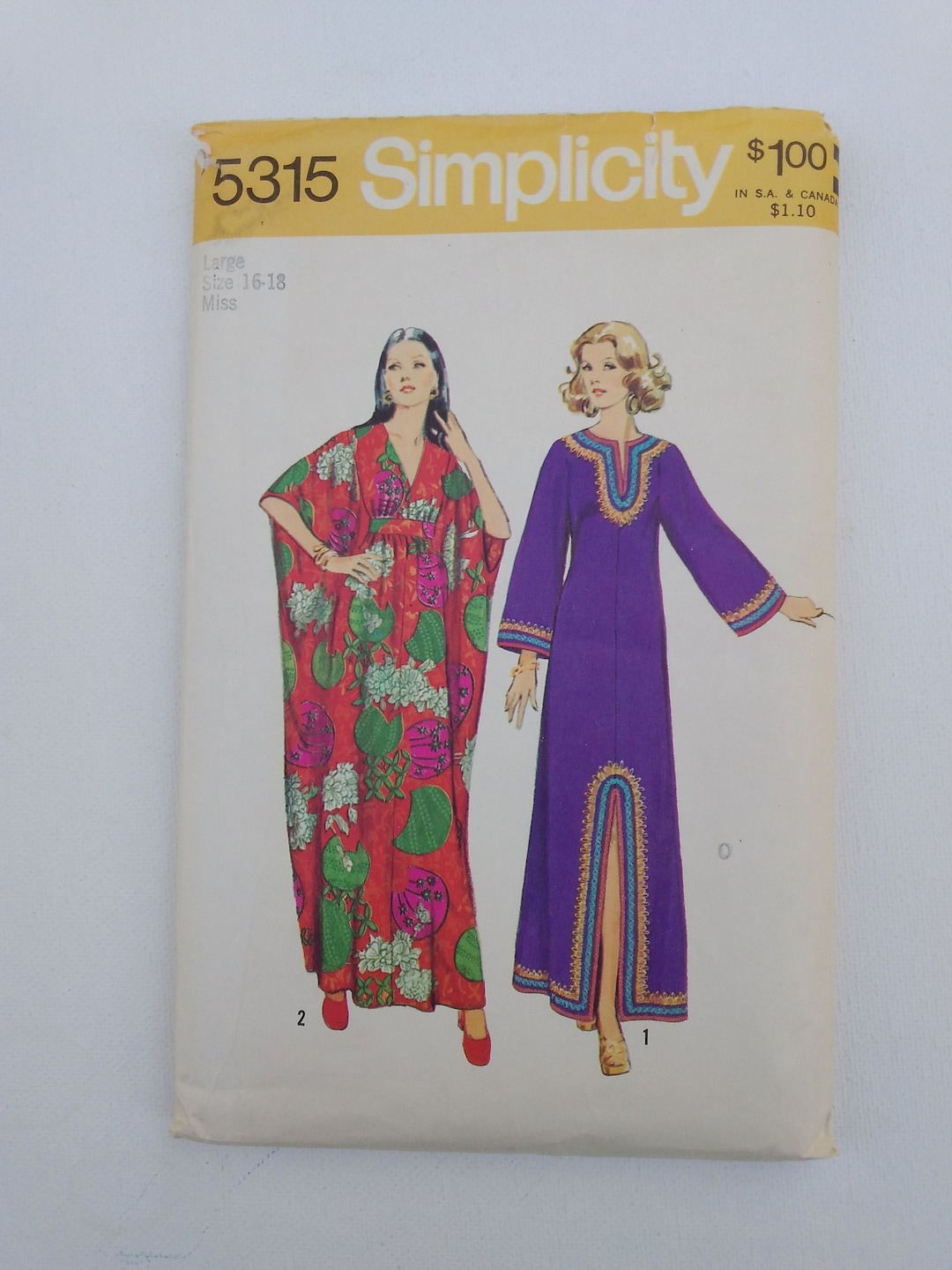 Vintage 1970s Caftan Pattern - Two Styles, Misses' Size 16-18 and One ...