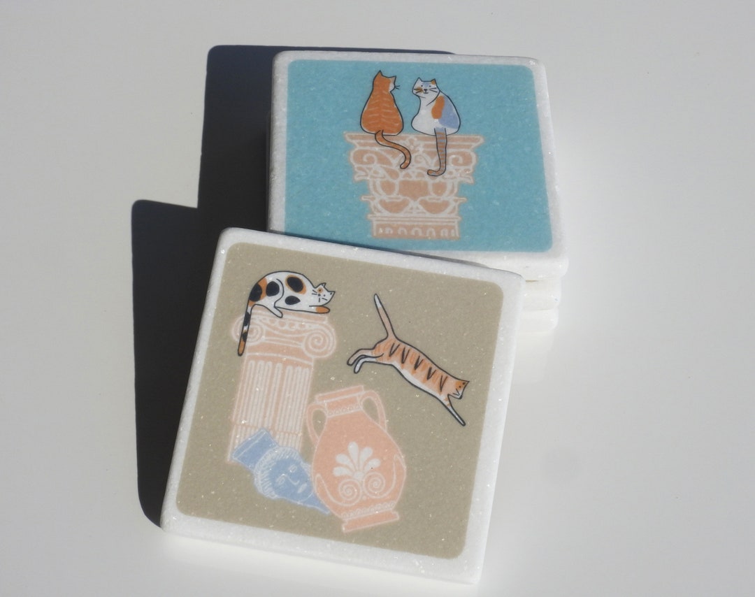 Greek Marble Coaster - Greek Cats and Ruins - Greek Illustration ...