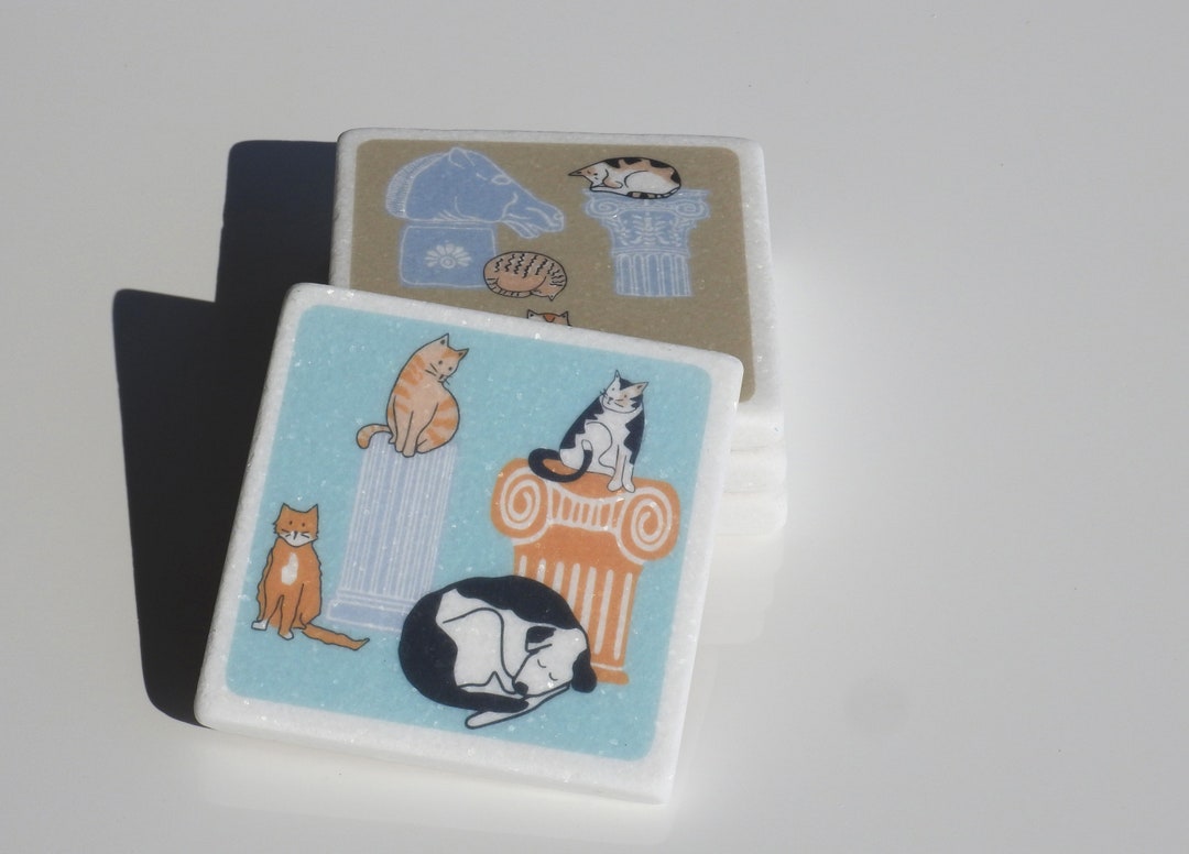 Greek Marble Coaster - Greek Cats and Ruins - Greek Illustration ...