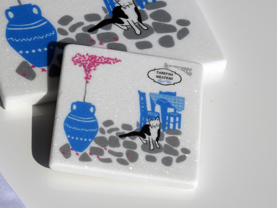 Greek Marble Coaster - Taverna Cat - Greek Cats - Greek Illustration ...