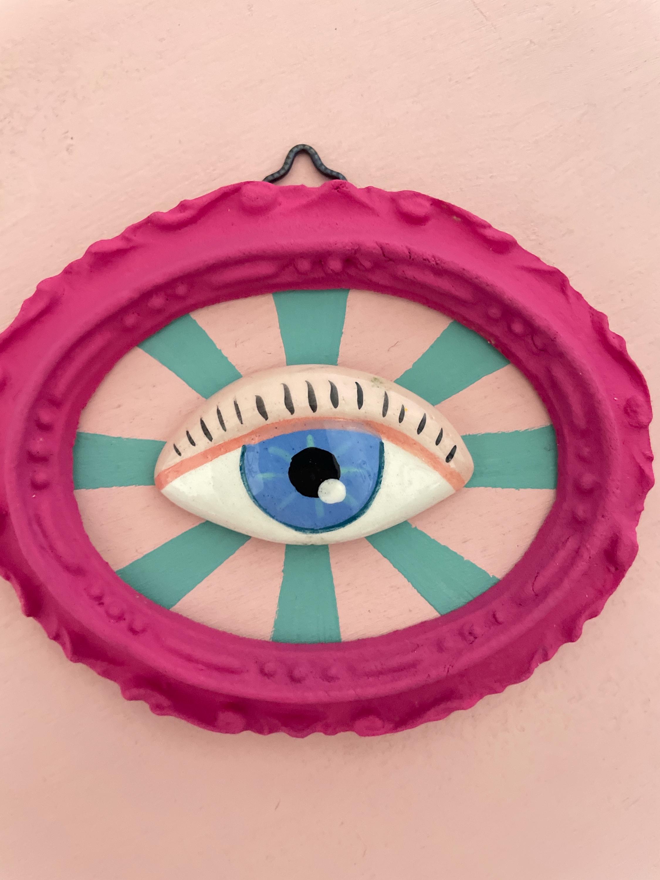 Miniature Ceramic Blue Eye Inside Oval Frame With Wooden Bottom. - Etsy