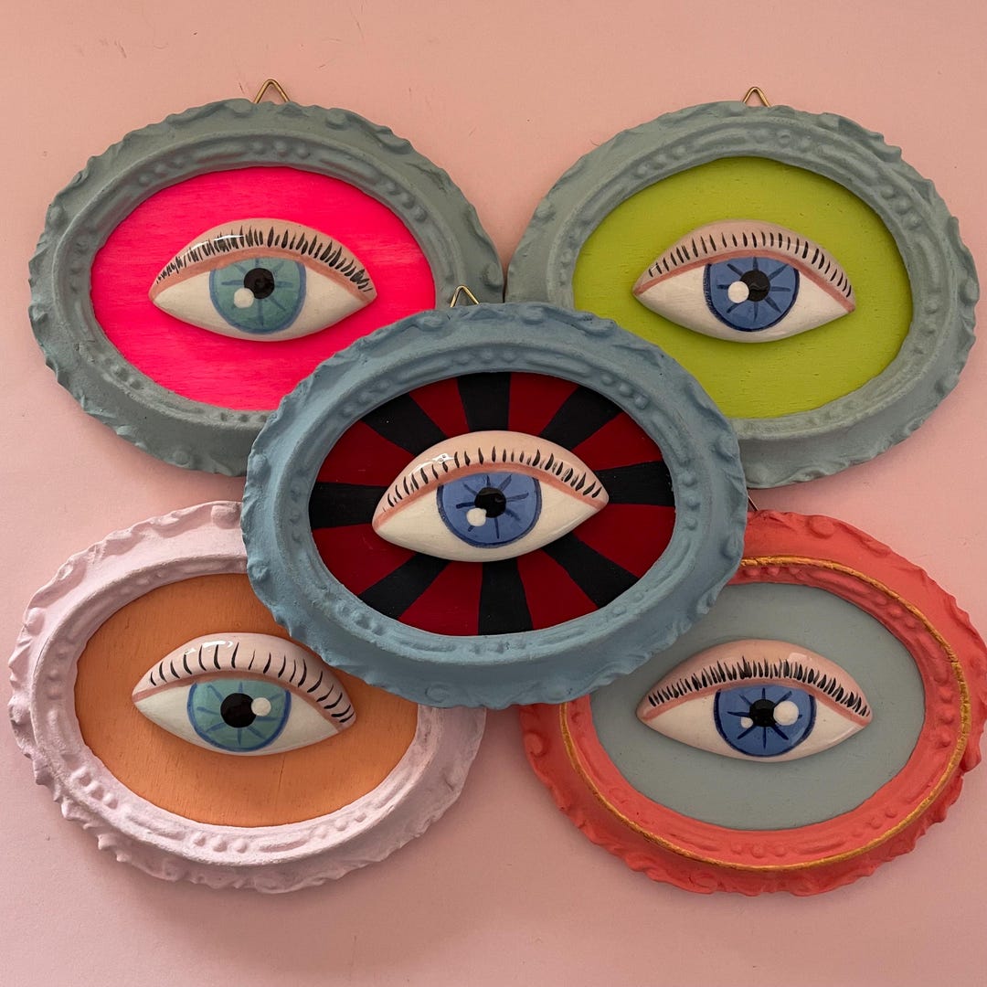 Miniature Ceramic Blue Eye Inside Oval Frame With Wooden Bottom. - Etsy