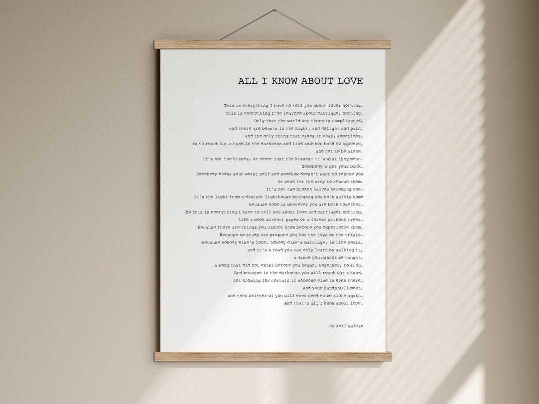 All I Know About Love by Neil Gaiman Poem, Love Poem, Gift for Partner ...