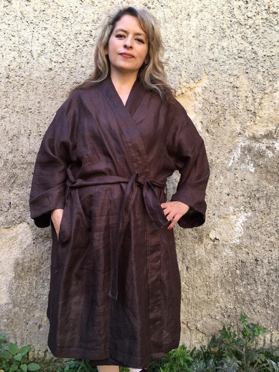 Plus Size Linen Kimono Robe With Pocket Bath Robe Coat Brown | Etsy