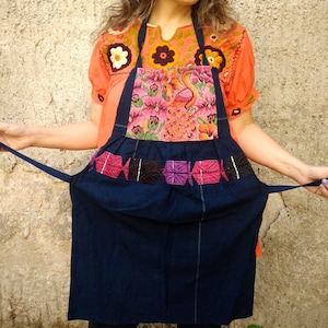 Mexican Peasant Apron, Embroidered Flowers Black Apron, Traditional ...