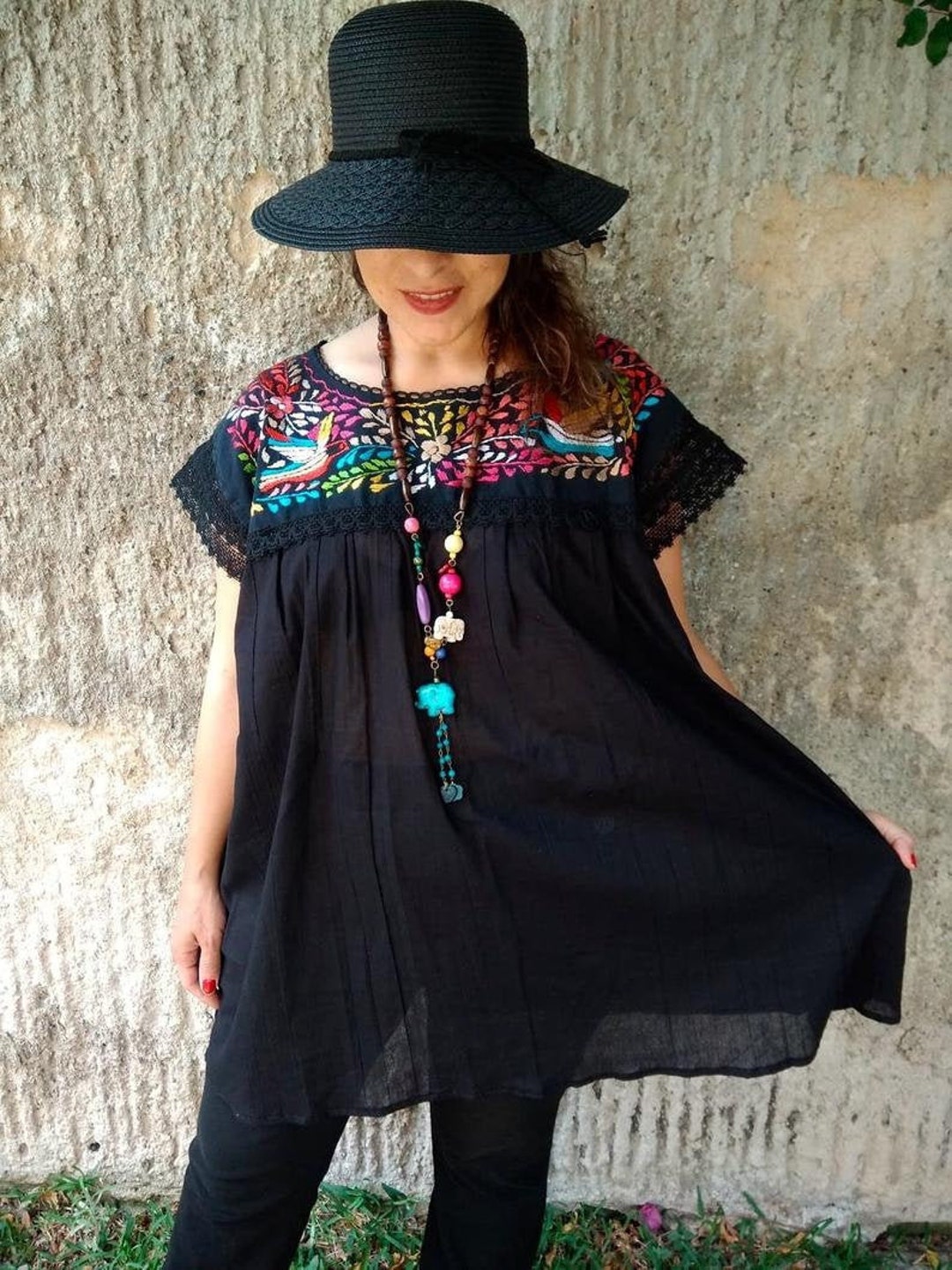 Mexican Embroidered Blouse, Plus Size Huipil Clothing, Black Peasant ...