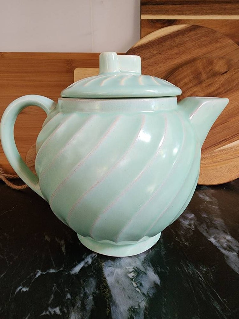 Vintage Light Green Pottery Swirl Teapot, Made in USA Aqua Teapot - Etsy