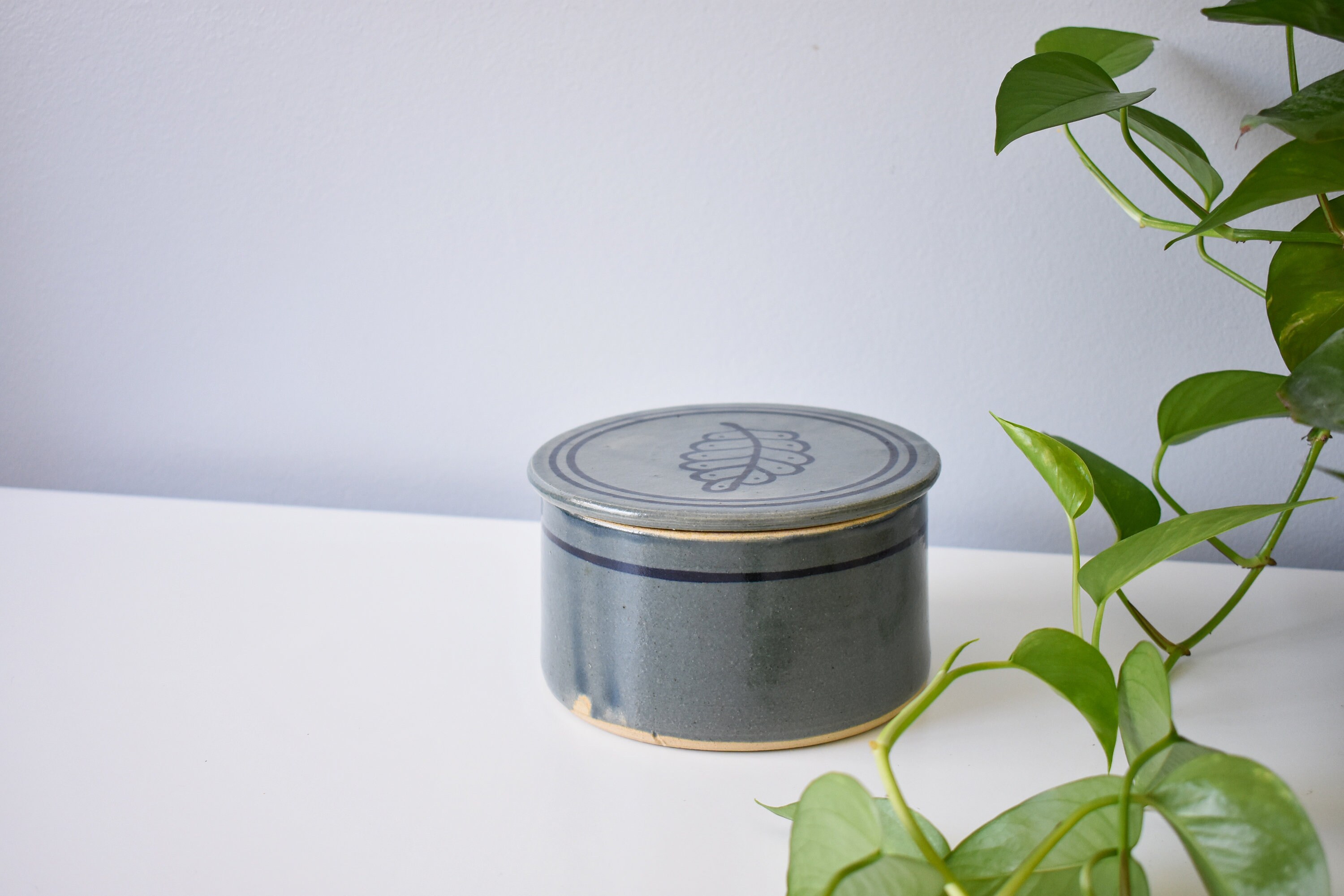 Large Round Blue Ceramic Jar With Lid and Navy Leaf Design - Etsy