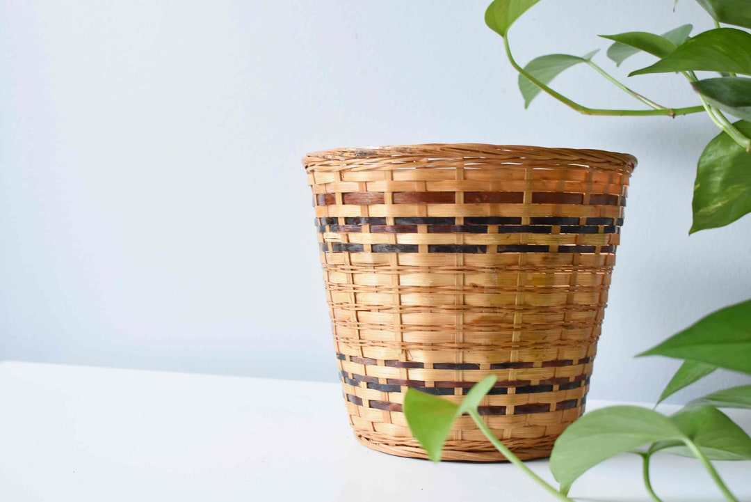 Vintage Beige Woven Planter Basket With Brown Stripes for a Boho ...