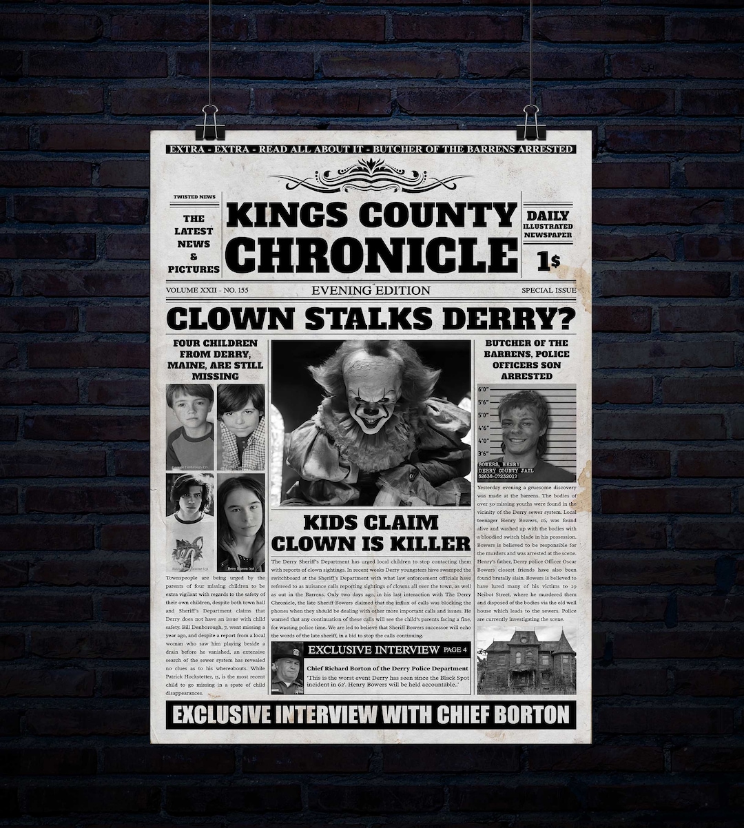 Kids Claim Clown is Killer Newspaper Article 20 Inch X 30 Inch 300dpi ...