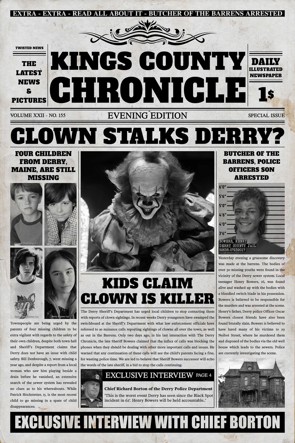 Kids Claim Clown is Killer Newspaper Article 20 Inch X 30 Inch 300dpi Poster Digital Download - Etsy