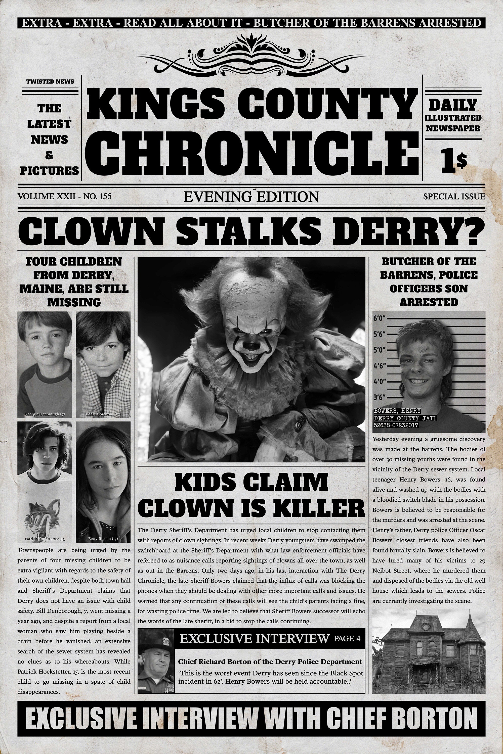 Kids Claim Clown is Killer Newspaper Article 20 Inch X 30 Inch 300dpi ...
