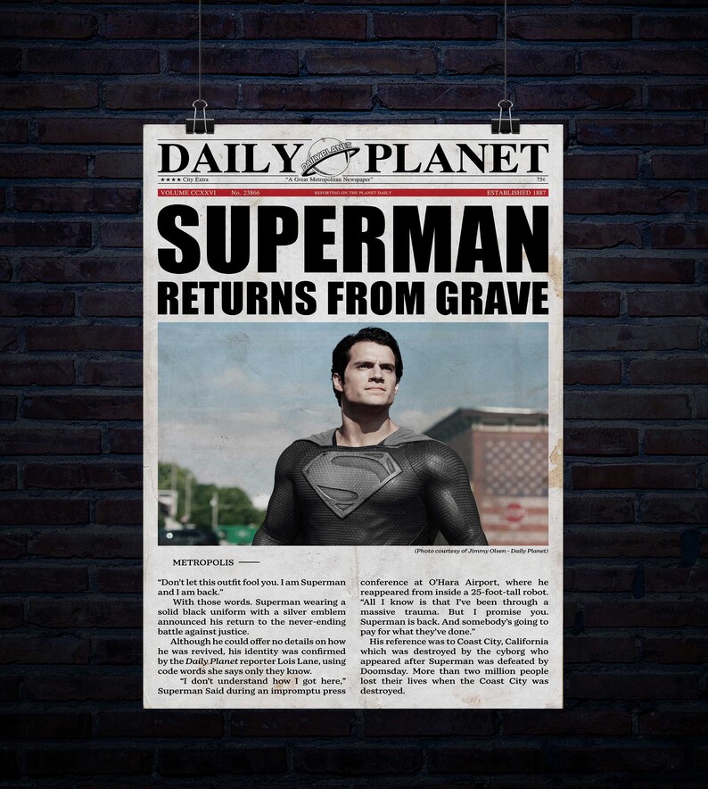 Superhero Returns From the Grave Newspaper Article 20 Inch X 30 Inch ...