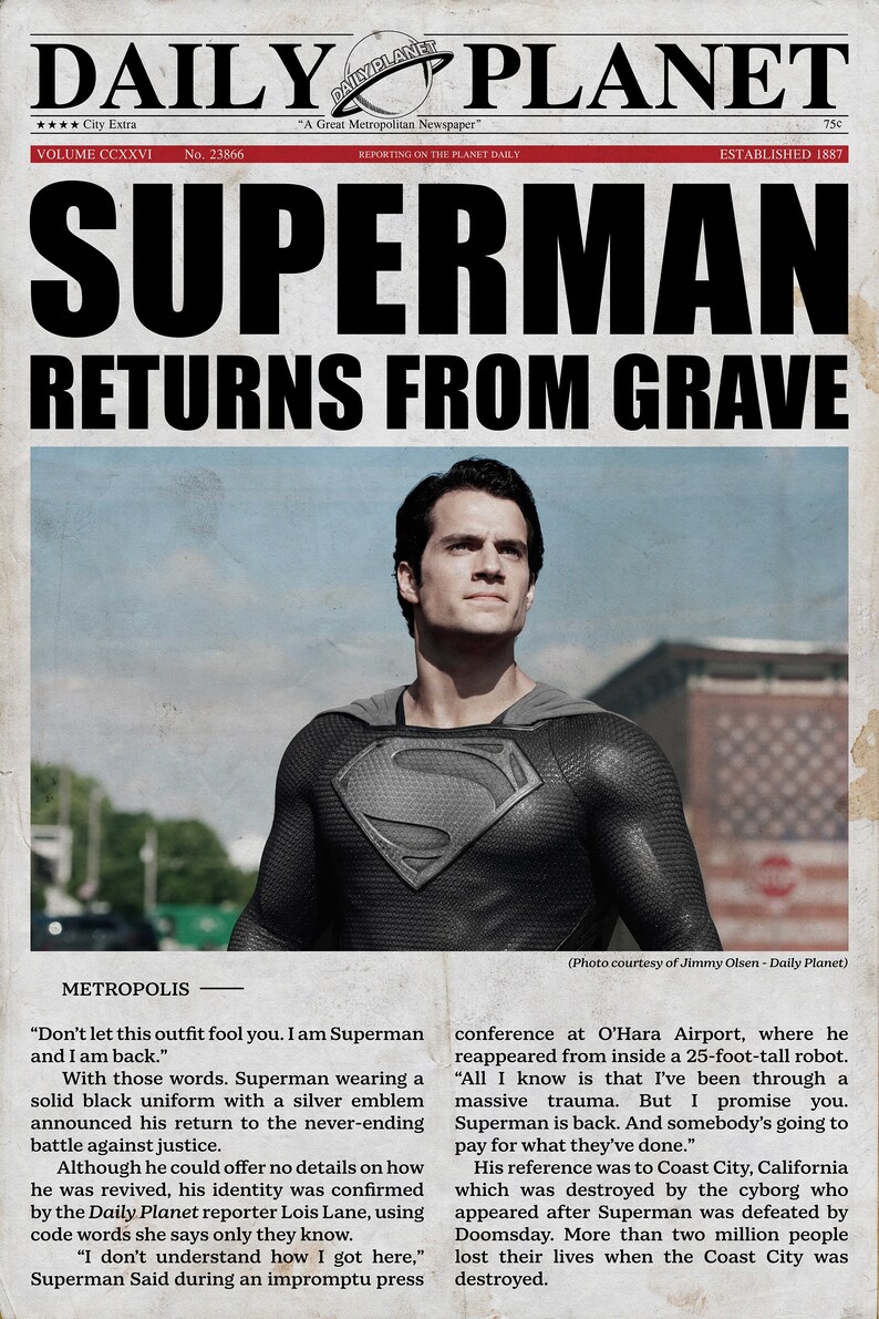 Superhero Returns From the Grave Newspaper Article 20 Inch X 30 Inch ...