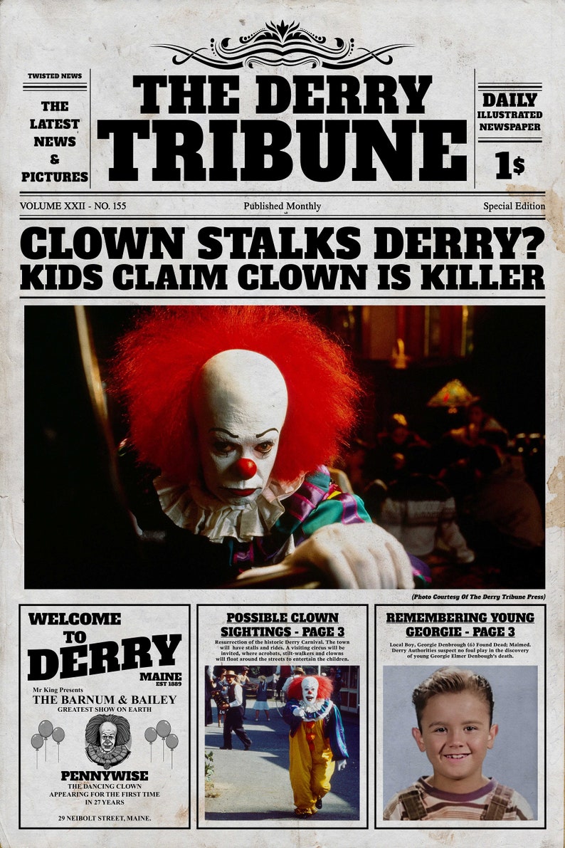 Clown Sightings Newspaper Article 20 Inch X 30 Inch 300dpi Poster ...