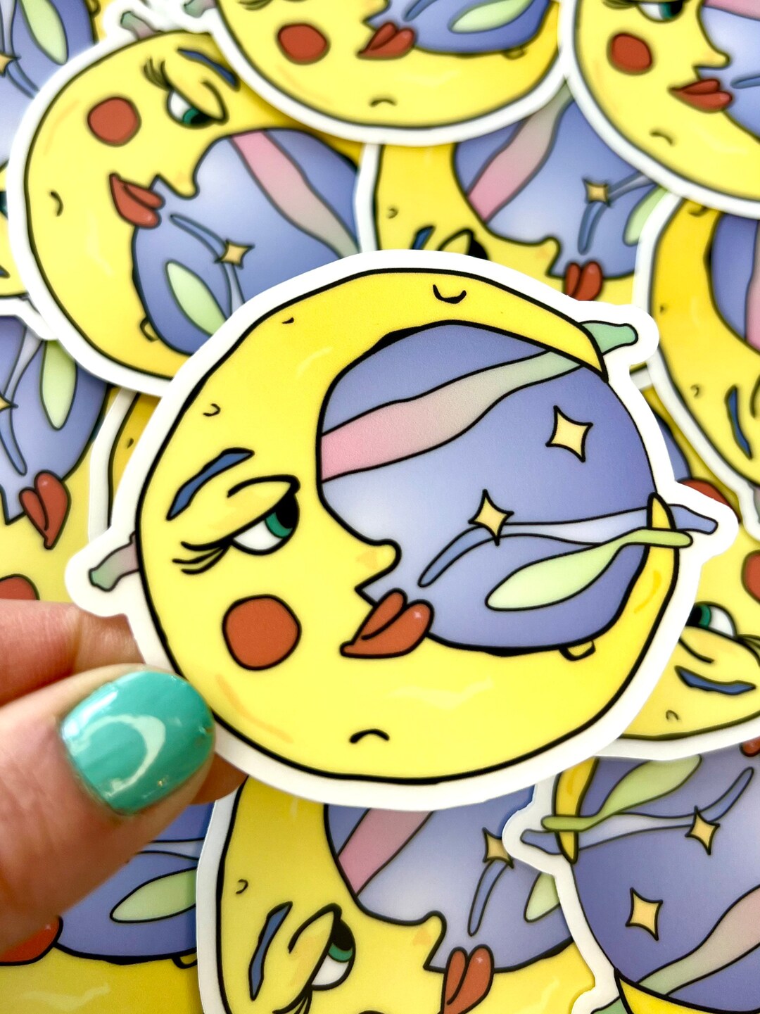 Crescent Moon Face Vinyl Sticker | Pastel Whimsical Starry Sky Decal - Etsy
