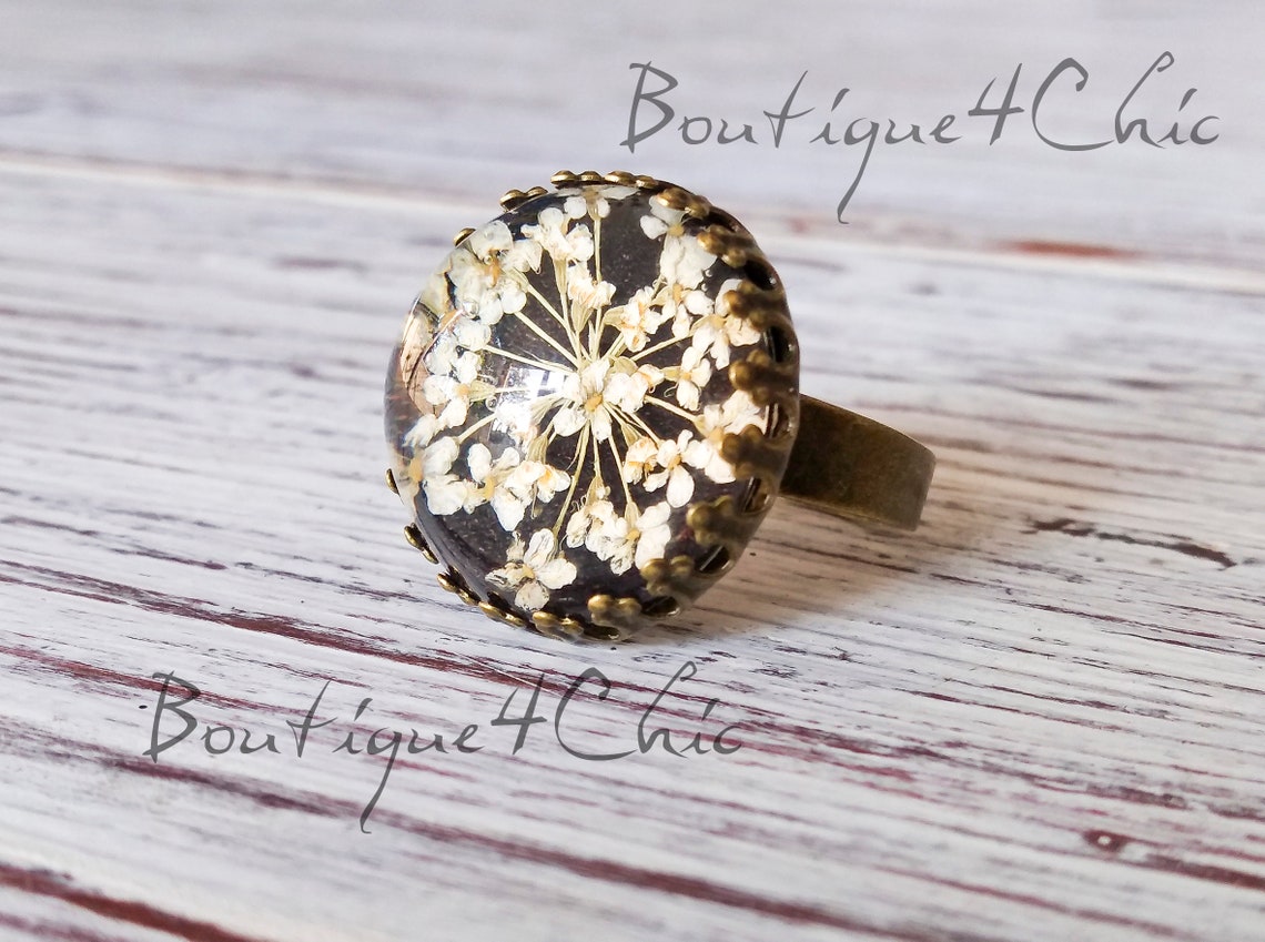 Ring With Real Dried Flowers, Bronze Color Ring With Queen Anne's Lace ...