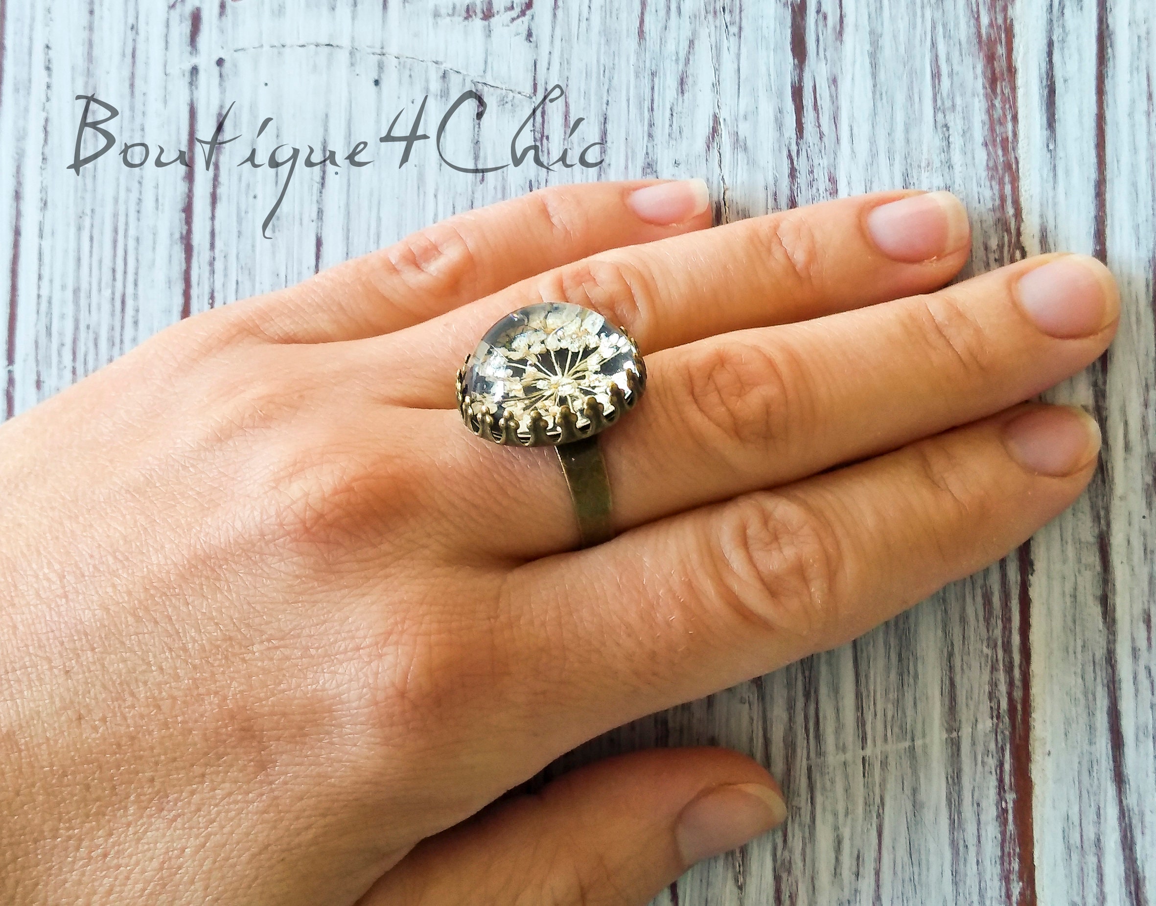 Ring With Real Dried Flowers, Bronze Color Ring With Queen Anne's Lace ...