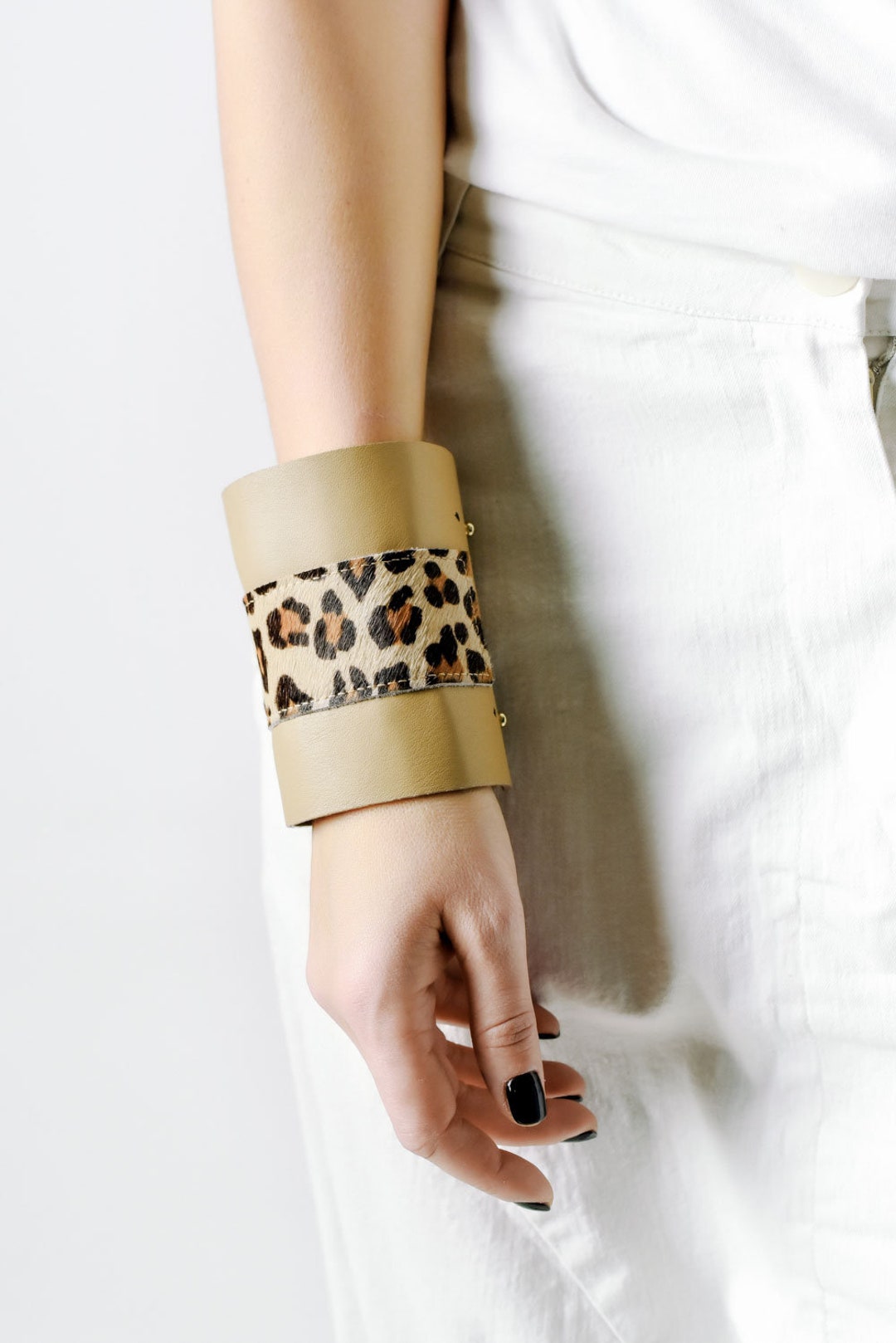 Wide Leather Bracelet Cuff, Leopard Print Bracelet for Women, Beige ...