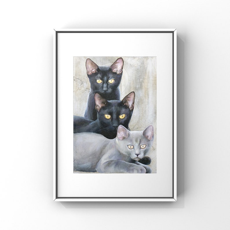 Raven and Kittens Wall Art Black Cat Original Contemporary 9 X 12 Print ...