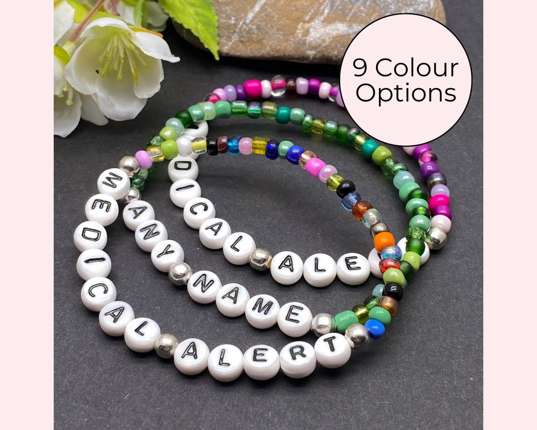 PERSONALISED Medical Alert Bracelet, Glass Bead Bracelet, Customised ...