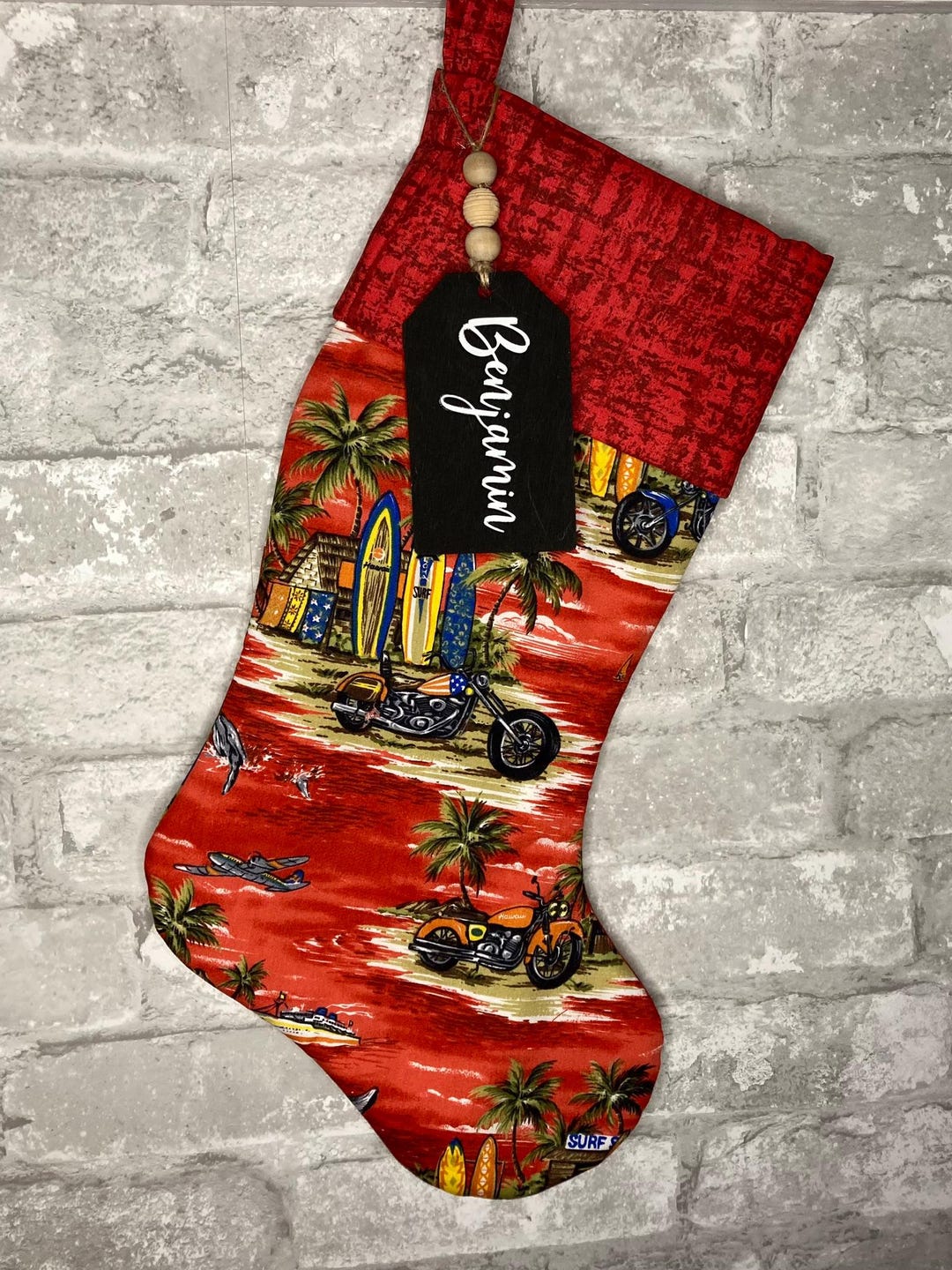 Tropical Beach THEMED Motorcycle-beach Bike-christmas Stocking-handmade ...
