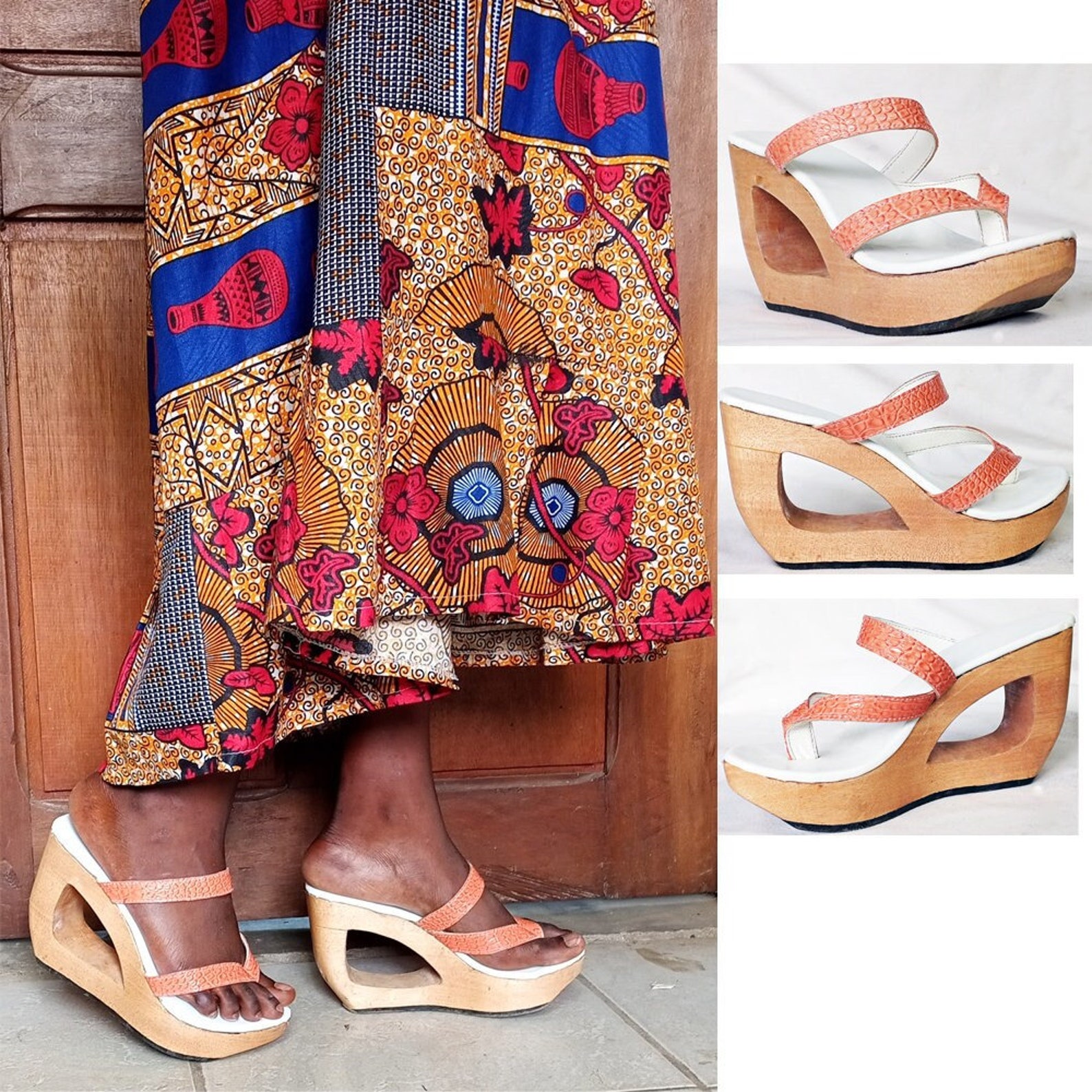 BRUNA: Cut-out Wooden High Heel Sandal / Sculpted Platform Wedges ...