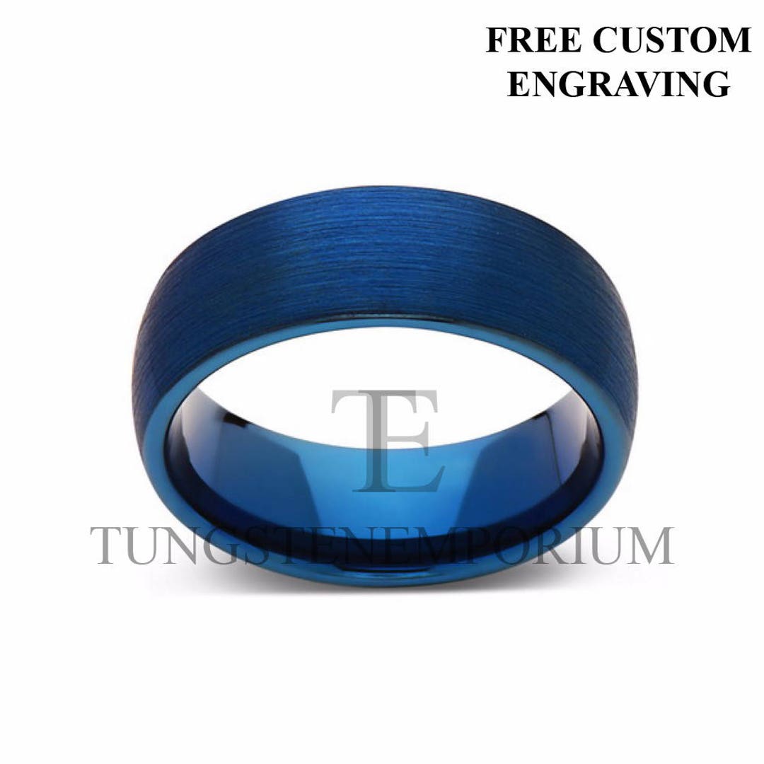 Tungsten Carbide Ring Brushed Blue Tone Domed Classic Style Comfort Fit ...
