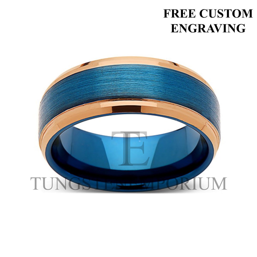 Tungsten Carbide Ring Brushed Blue Rose Gold Angled Layered Edge ...