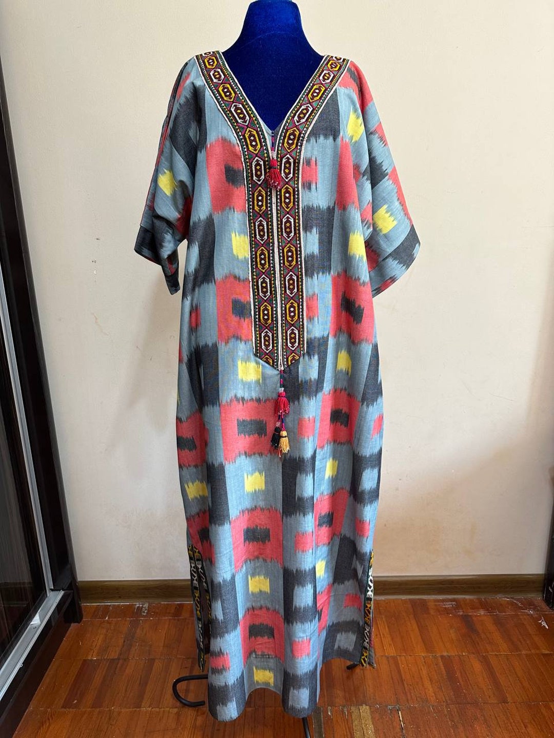 Handmade Cotton Ikat Dress With Embroidery Ribbon 1970s,uzbek ...