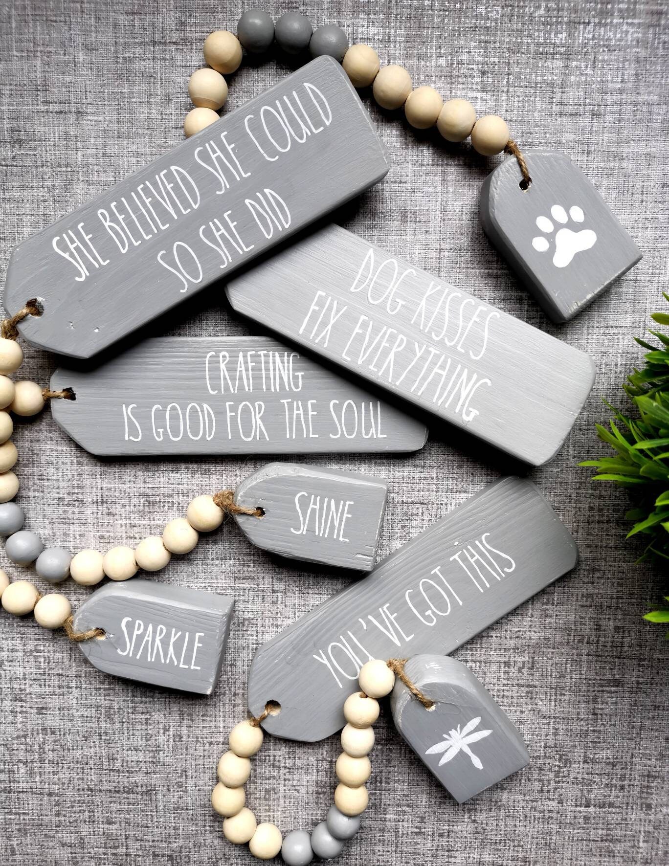 Wooden Tags positivity quotes hanging beads tiered tray | Etsy