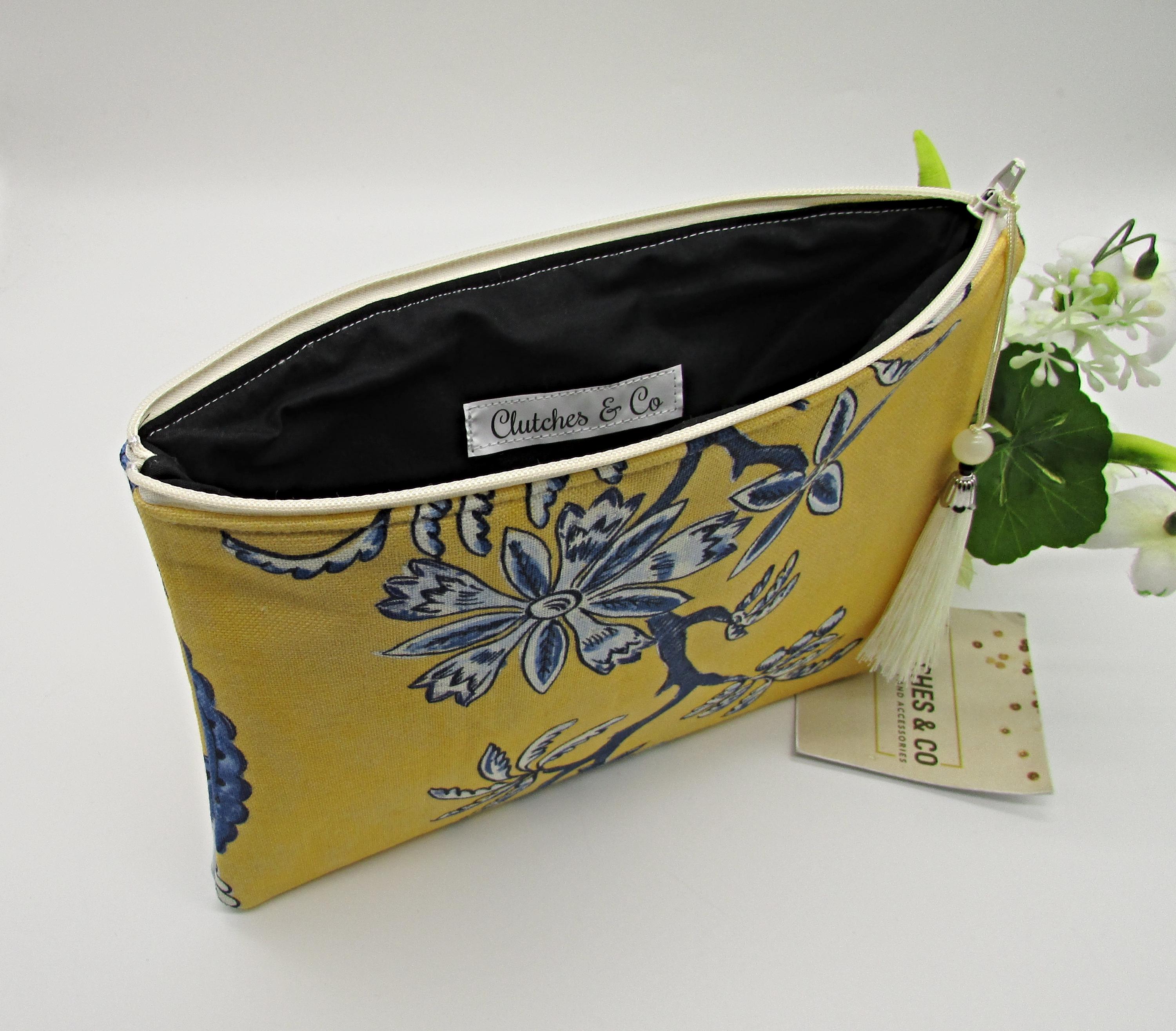 Zipper Clutch Purse, Yellow and Blue Floral Design Zipper Clutch, Large ...