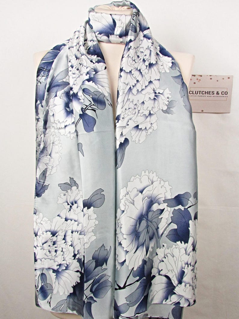 Women's Scarves, Silver Grey and White Floral Scarf, Ladies Silk ...