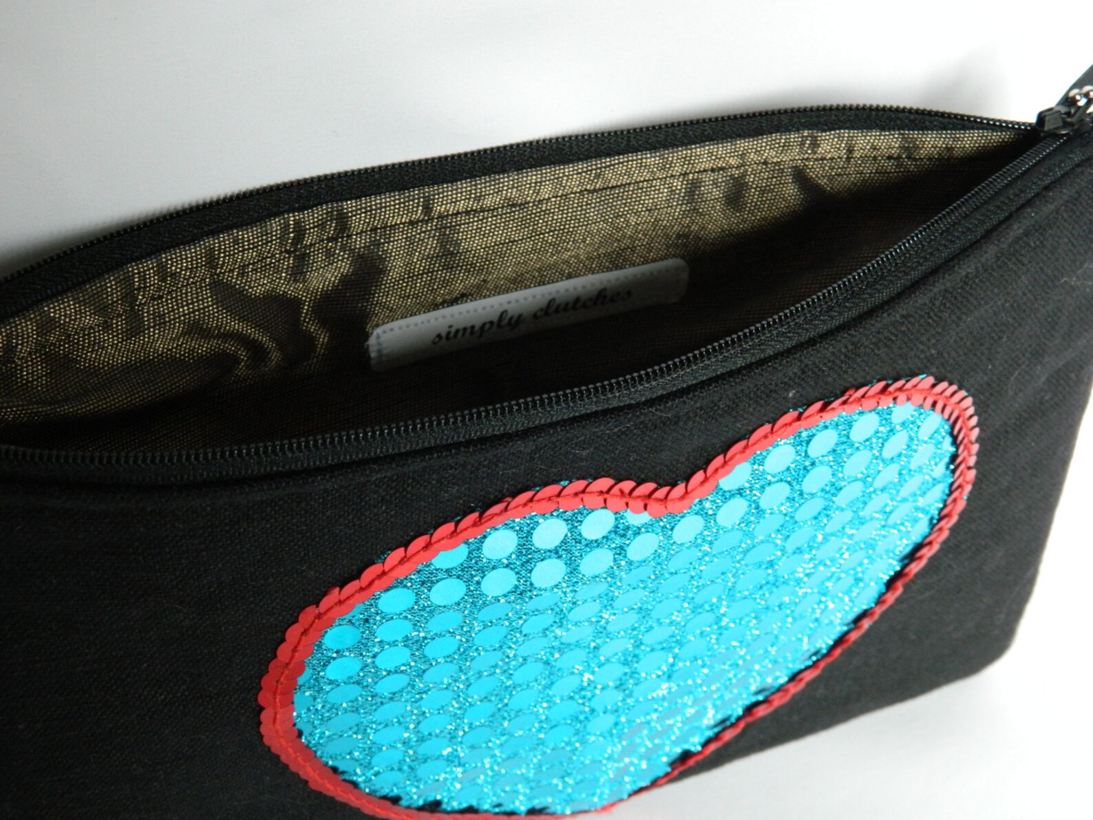 Zipper Clutch, Sequin Zipper Clutch, Black and Turquoise Clutch ...