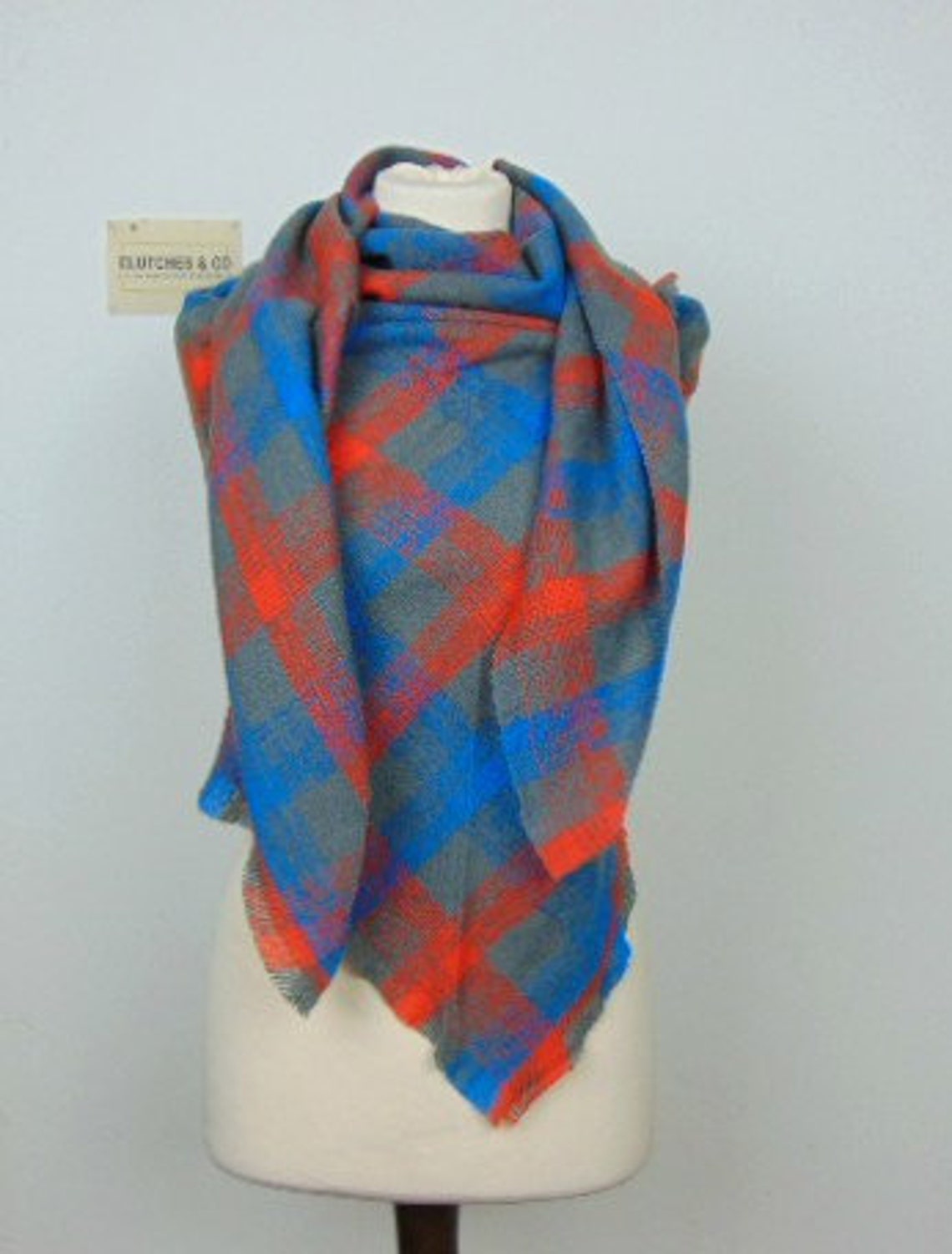 Bright Blue and Orange Plaid Scarf, Winter Scarf, Large Triangle Plaid ...