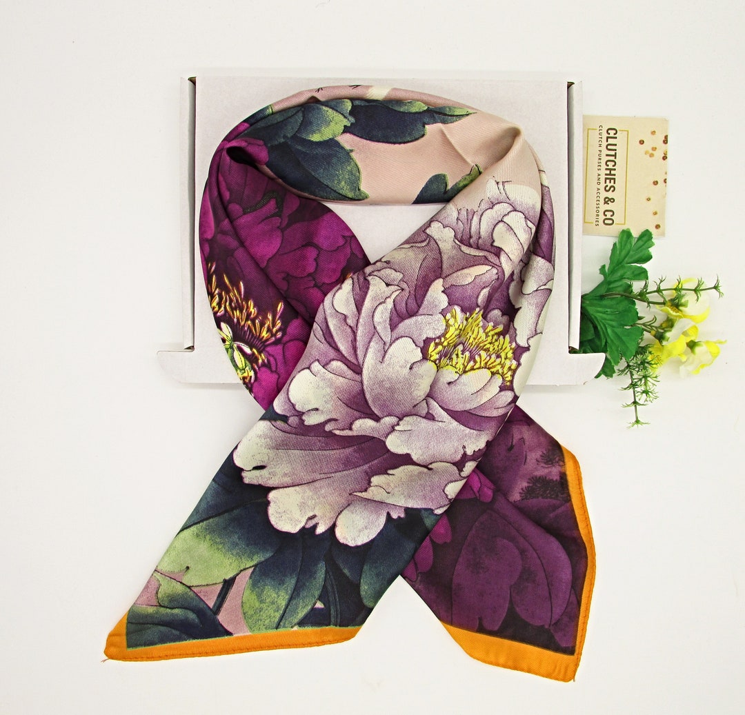 Ladies Neck Scarf, Purple Floral Scarf, Hair Scarf, 70 X 70 Cm Scarf ...