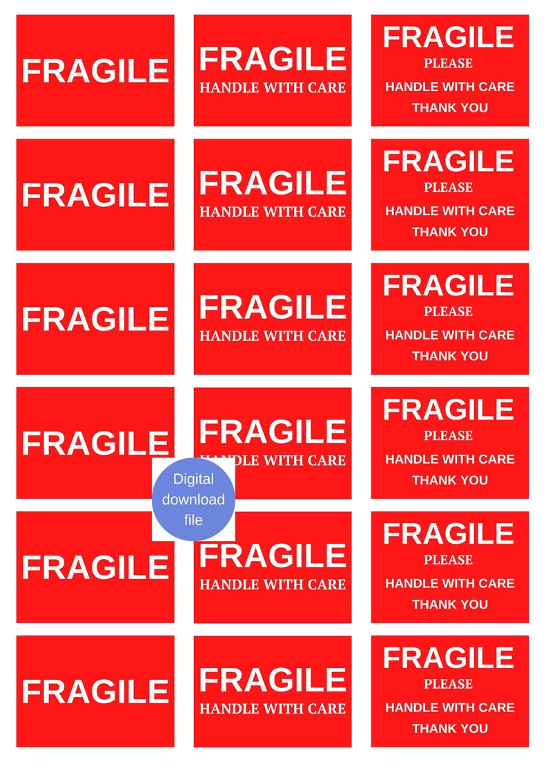 Digital Download File, Fragile Stickers, A4, Small Fragile Stickers ...