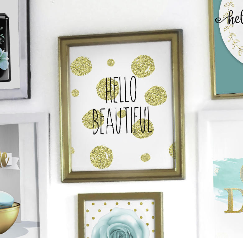 Hello Beautiful Gold Glitter Dots Printable Poster, Typography Instant ...
