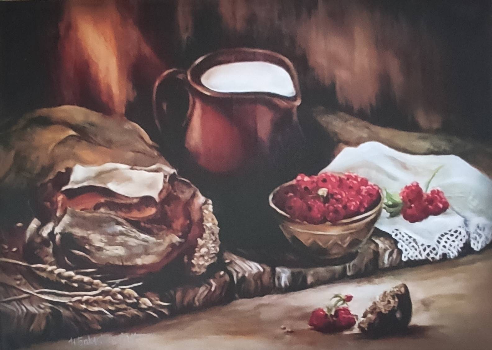 Art Print From Original Flemish Still Life With Bread Milk & Raspberry ...
