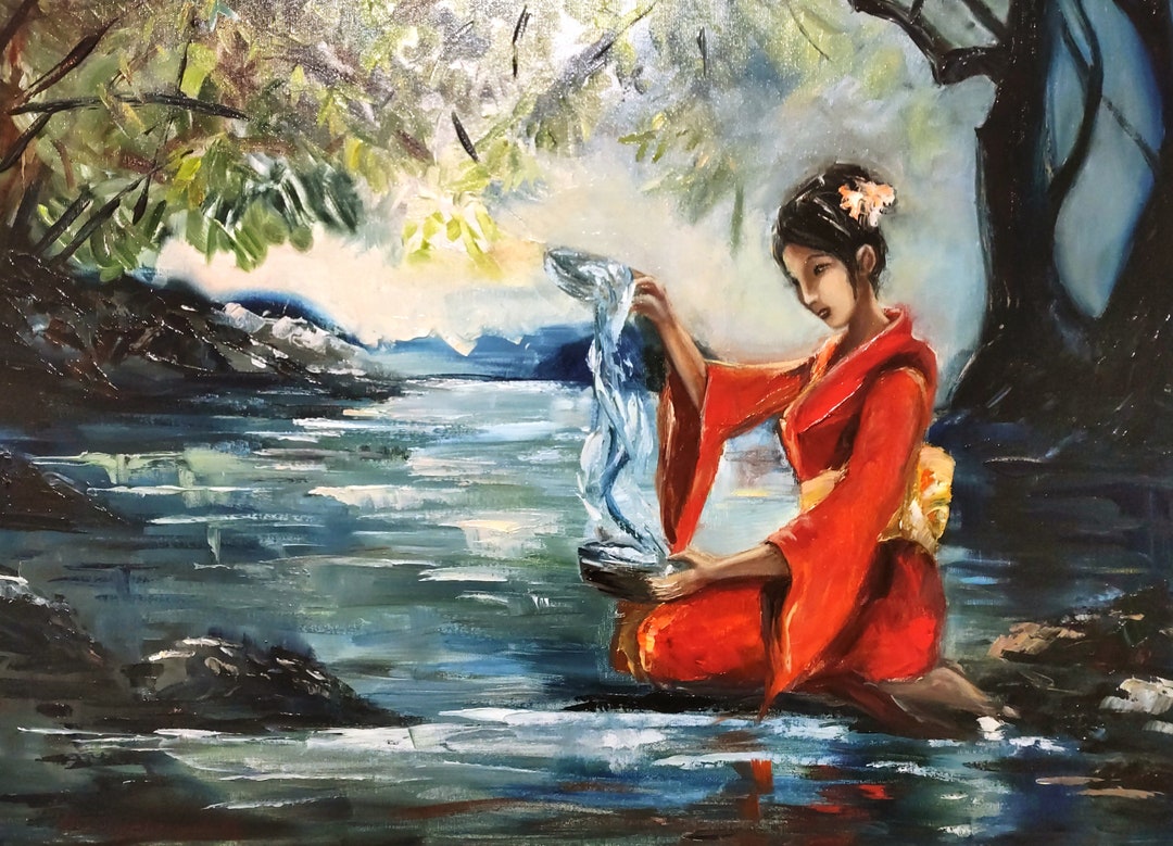 Asian Woman in Red Kimono by River - Original Oil Painting, Textured ...