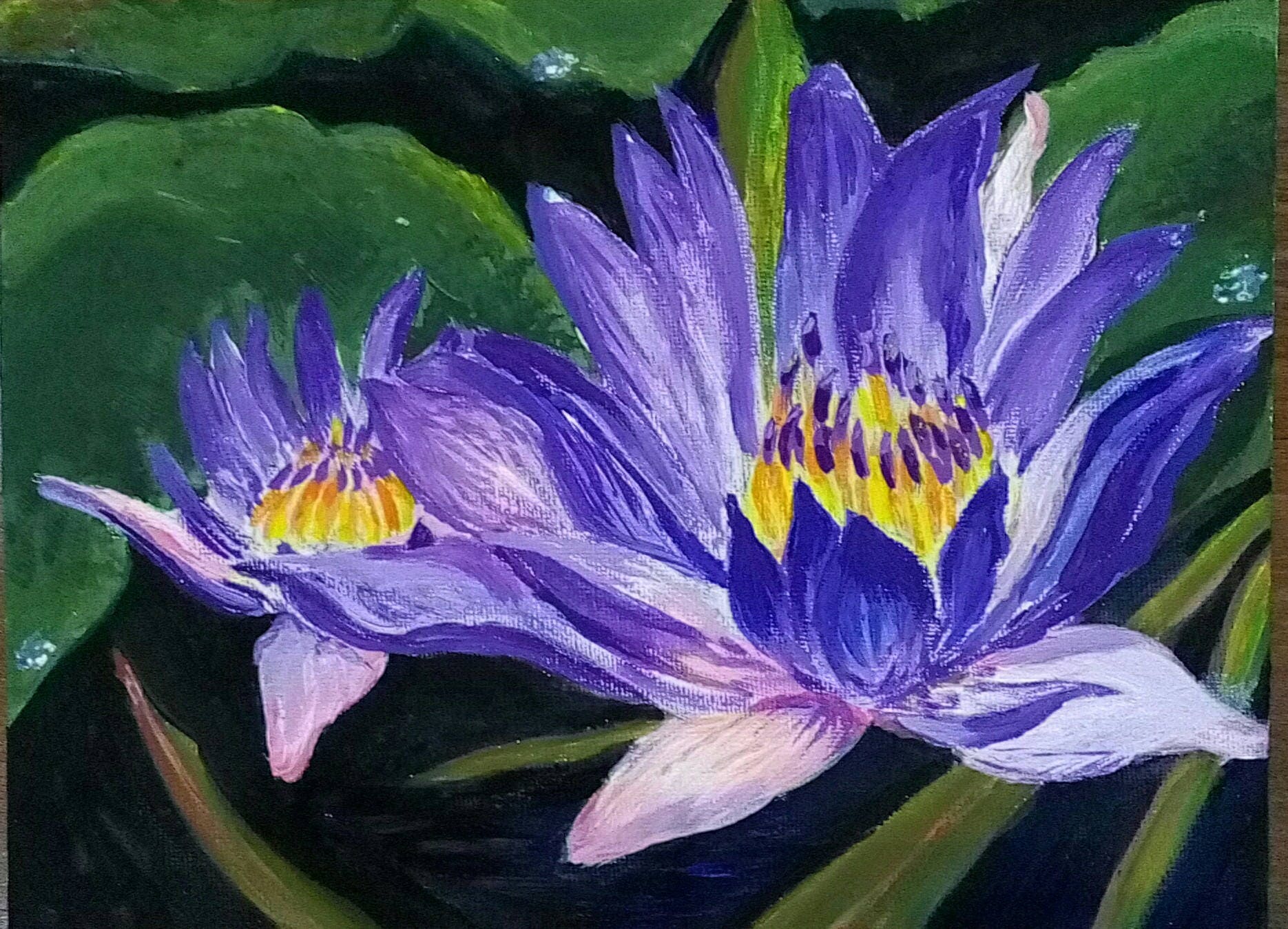 Blue Nymphaea 18x24 Cm Small Original Acrylic Painting Lilac Water Lily ...