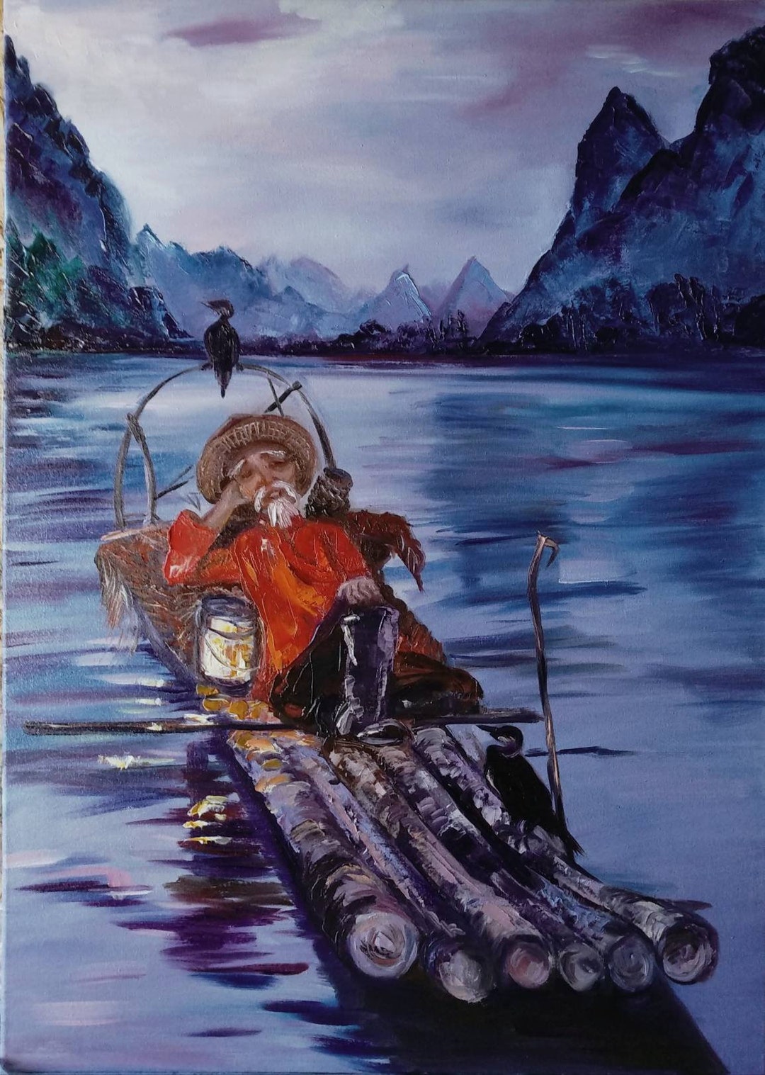 Old Fisher and Birds Asian Meditation Sea Scenery Original Painting ...