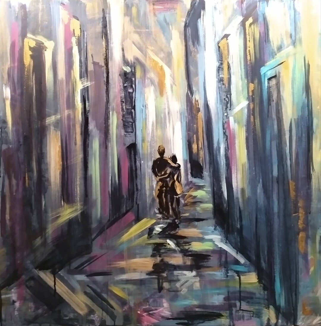 Large Abstract Couple Painting Original Artwork Night Lights City Wall ...