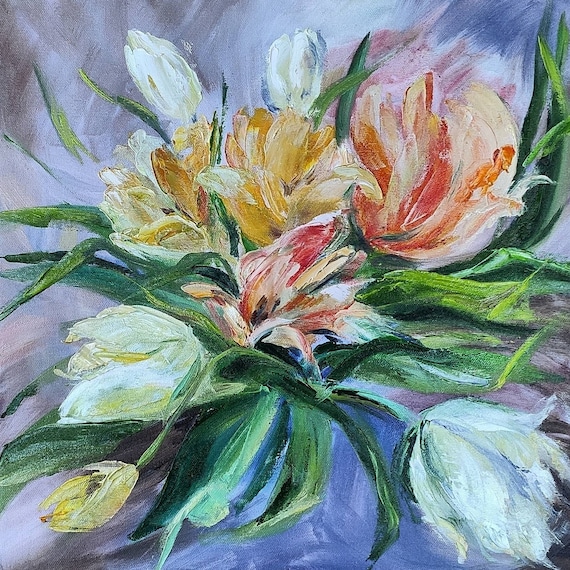 Spring Tulips Original Painting Yellow Orange White Green - Etsy