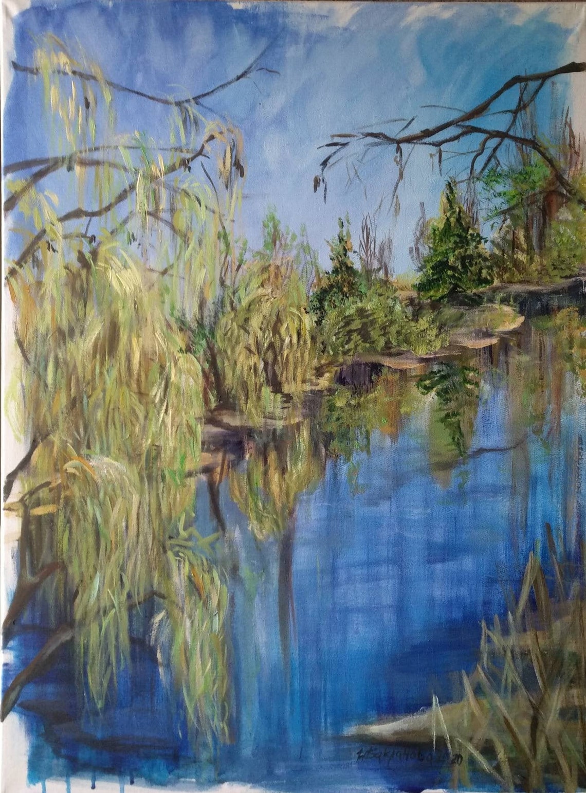 Tranquil Spring Pond With Yong Willow Greenery Painting Waterscape ...